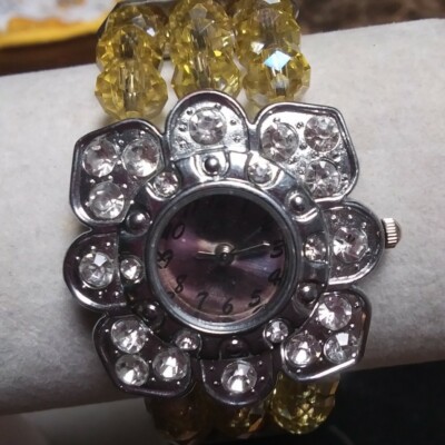 Ladies BNT Watch Handmade Triple Yellow Crystal 7" Rhinestone Flower ...