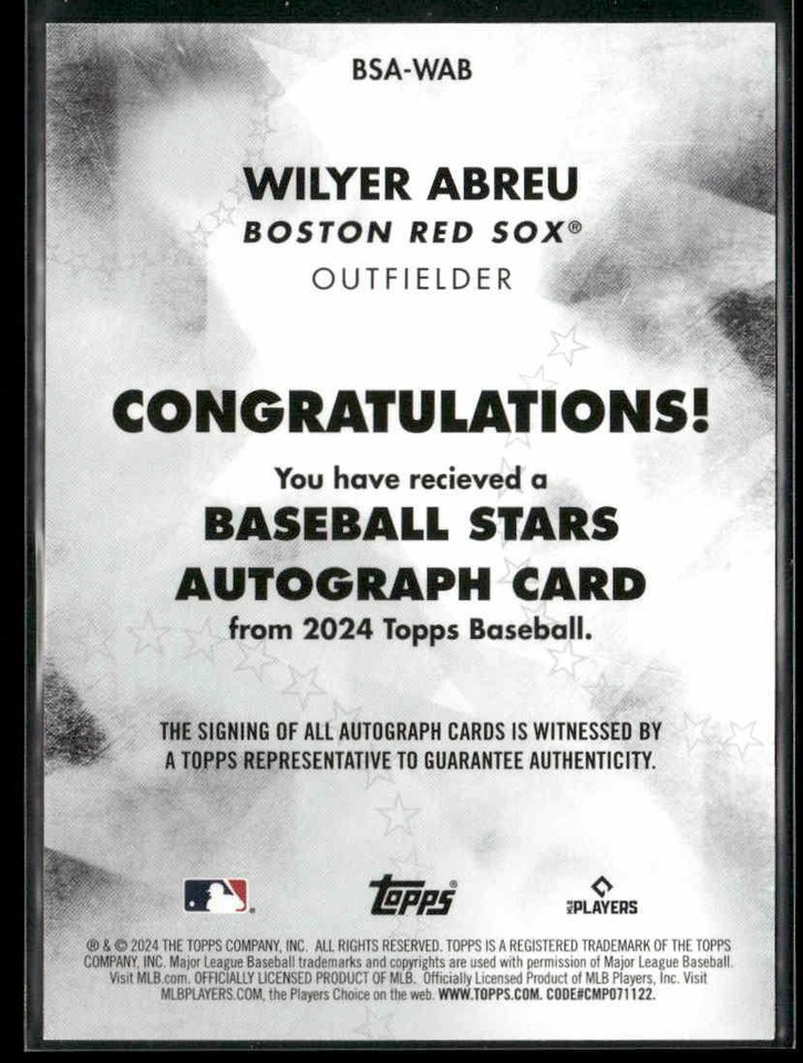 2024 Topps #BSA-WAB Wilyer Abreu Baseball Stars Autographs (Series One ...