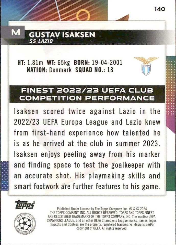 2023-24 Topps Finest UEFA Gustav Isaksen - SS Lazio RC #140 | eBay