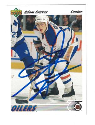 Adam Graves 1991-92 UPPER DECK AUTOGRAPHED HOCKEY CARD SIGNED EDMONTON ...