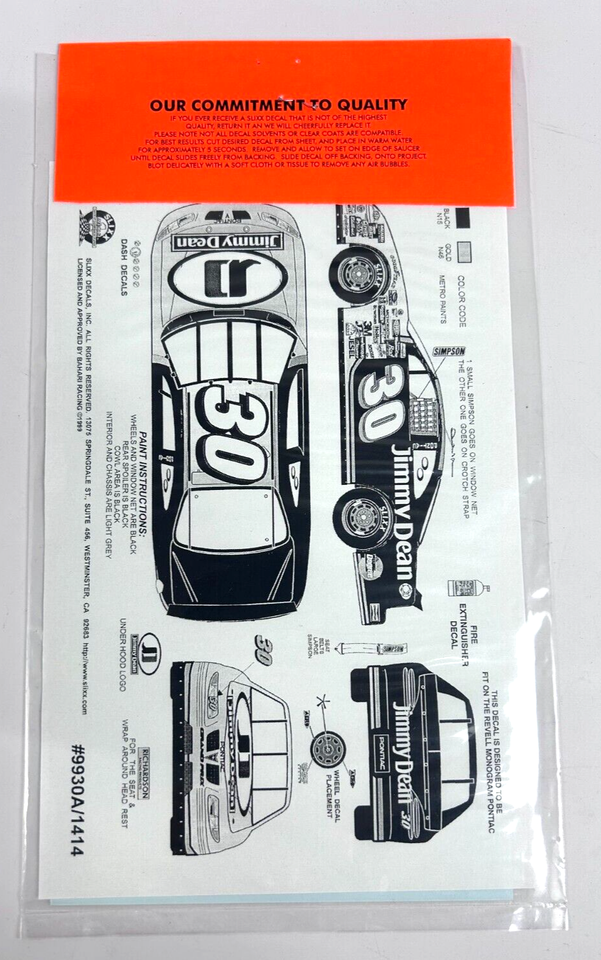 Slixx #9930A/1414 1:24 Model Decals Jimmy Dean #30 NASCAR Racing | eBay