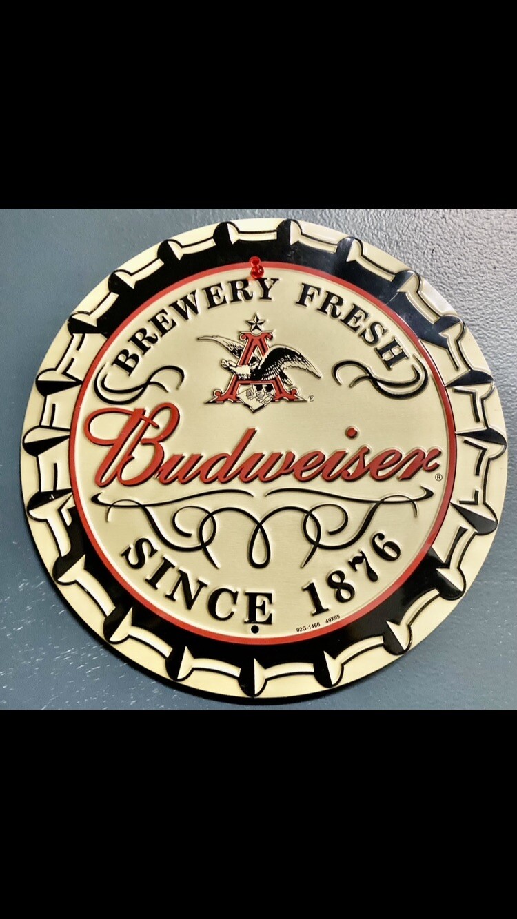 Budweiser Beer Bottle Cap Sign Wall Decor Man Cave Brewery Fresh Since ...