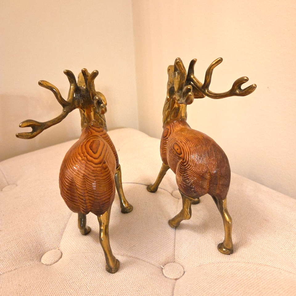 Vintage Pair Set Solid Brass And Wood Deer Figurine Statues Buck | eBay