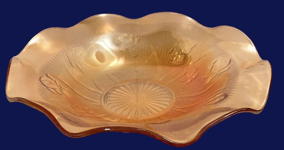 Jeanette Marigold Carnival Glass Bowl Iris and Herringbone Ruffled Edge ...