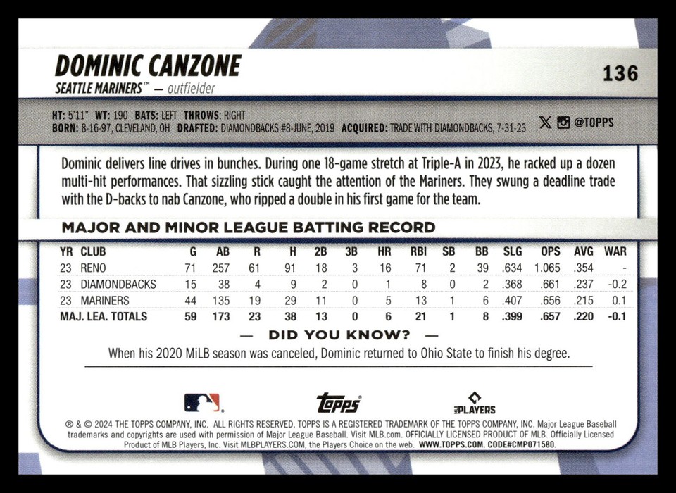 2024 Topps Big League Rookie #136 Dominic Canzone Seattle Mariners ...