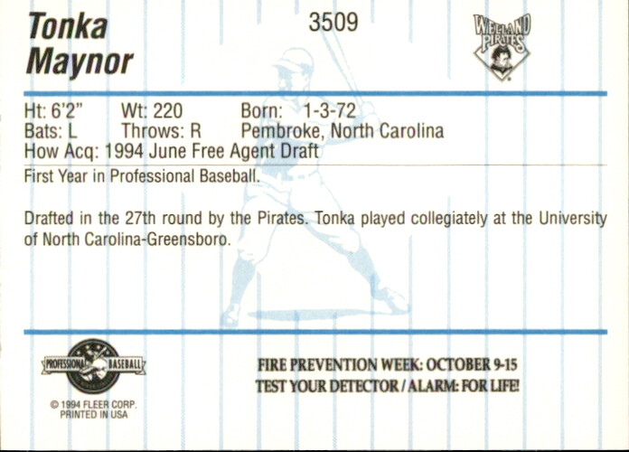1994 Welland Pirates Fleer/ProCards #3509 Tonka Maynor Pembroke North ...