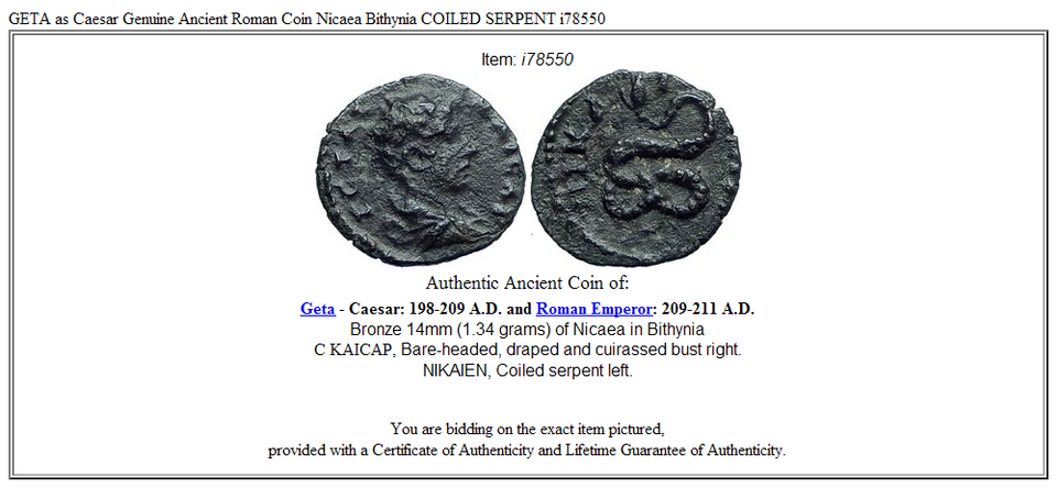 GETA as Caesar Genuine Ancient Roman Coin Nicaea Bithynia COILED ...
