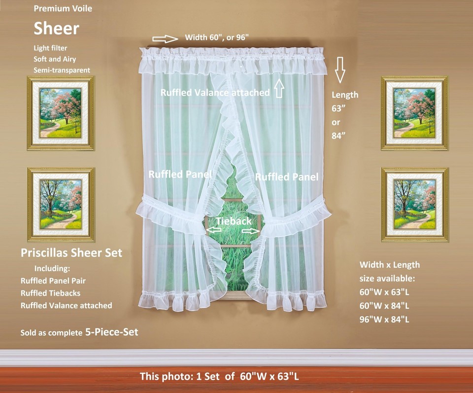, Emelia Priscilla Sheer Pair 96" W x 84" L, White, 5-Piece-Set ...
