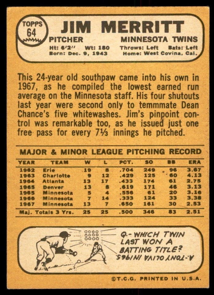 1968 Topps Baseball Jim Merritt . Minnesota Twins #64 | eBay