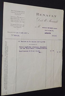 COURRIER FACTURE AUTOMOBILES LOUIS RENAULT BILLANCOURT 1917 | eBay