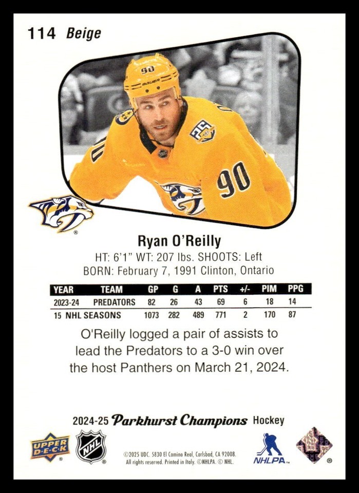 2024-25 UD Parkhurst Champions 114 Ryan O’Reilly – Nashville Predators ...