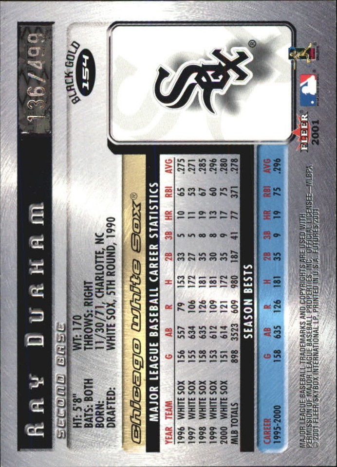 2001 Fleer Futures Black Gold White Sox Baseball Card #154 Ray Durham ...