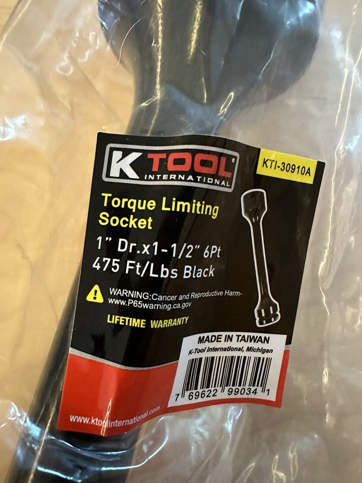 Torque Limiting Socket 1-1/2” Hex 475 Ft Lb 1” Drive Black KTI30910A ...
