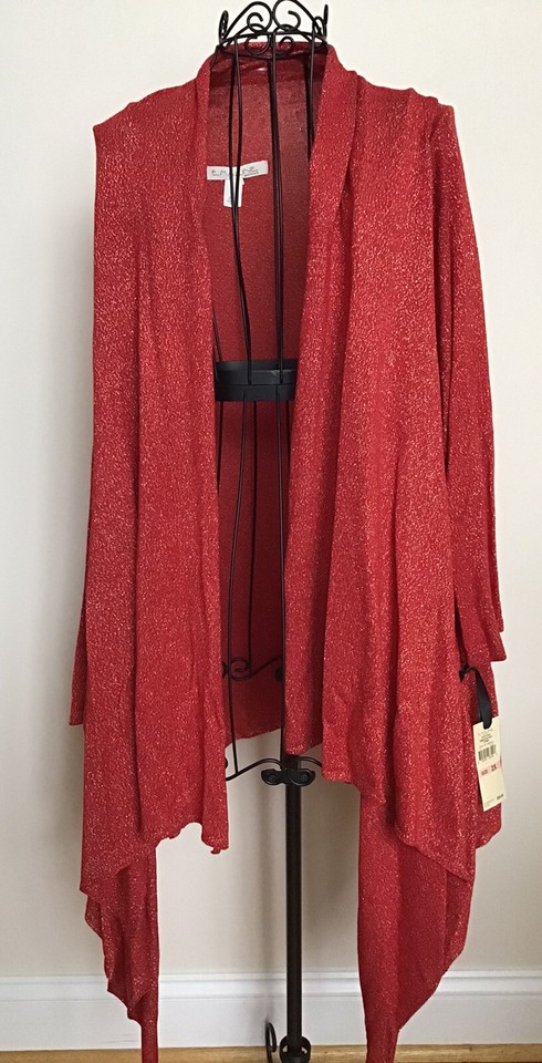Emaline Cardigan Sidetail Open Front Sweater Red & Gold Shimmer Sz 2X ...