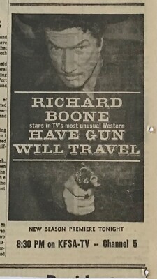 1960 newspaper ad for TV Show "Have Gun Will Travel" starring Richard ...