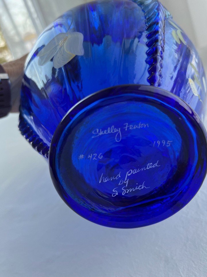FENTON Art Glass Cobalt Blue HAND PAINTED FEATHERVASE Signed Shelly ...