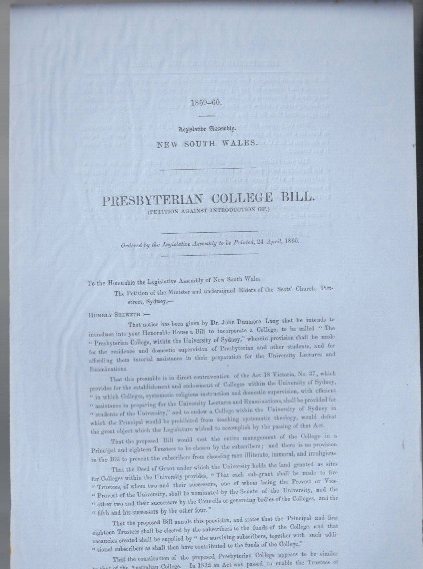 AUS PARLIAMENT PAPERS ,NSW 1859-60 , PRESBYTERIAN COLLEGE BILL | eBay ...