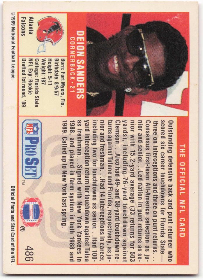 1989 Pro Set #486 Deion Sanders [EX] RC HOF Atlanta Falcons [Base Set ...