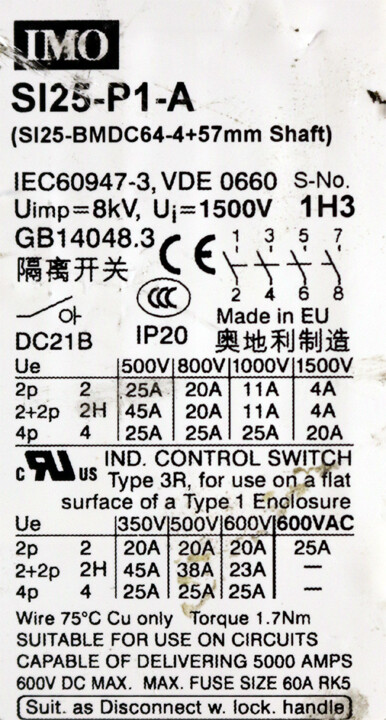 IMO SI25-P1-A 4-Pole Base Mount Door Clutch Isolator 25A 600VDC w/ Knob ...