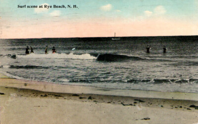 C 1915 PC SURF SCENE FROM BEACH SWIMMERS BODY SURFERS CAT BOAT RYE ...