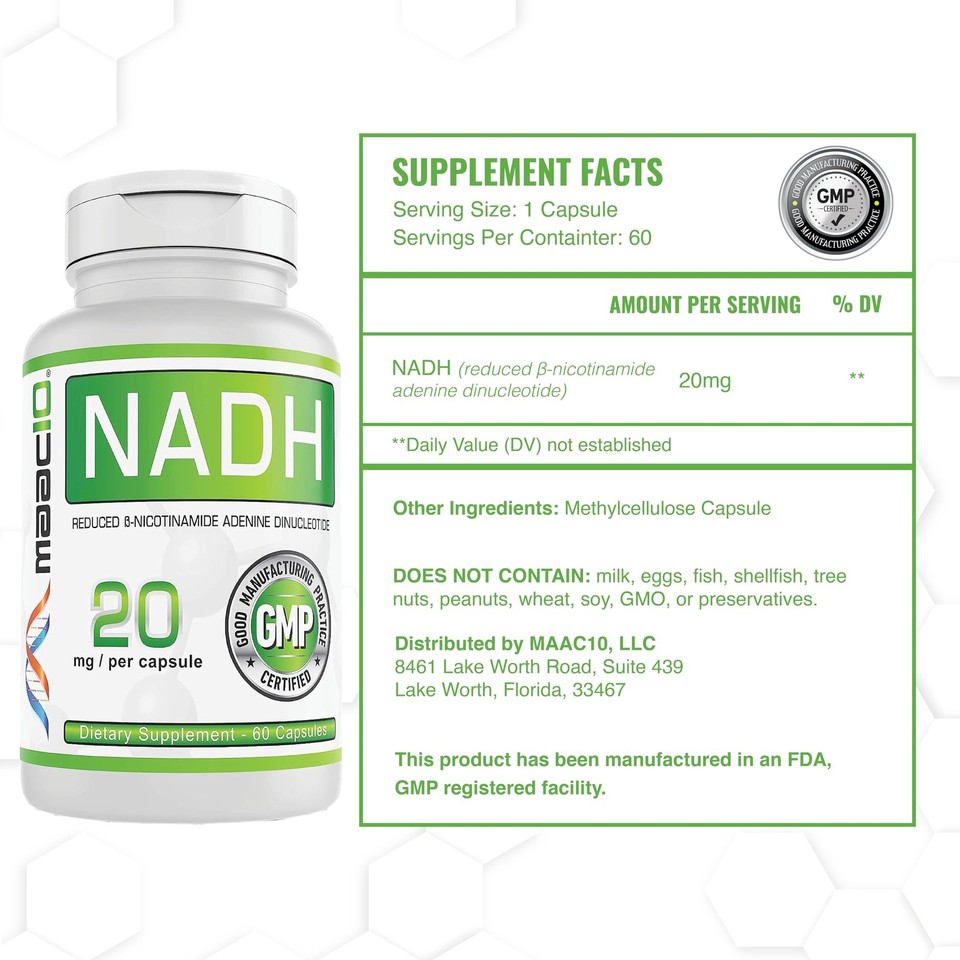 MAAC10 NADH Supplement 20mg Each 60 Capsules for Energy, Fatigue ...