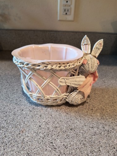 Vintage FTD Wicker Rattan Easter Basket Planter White Bunny Rabbit ...