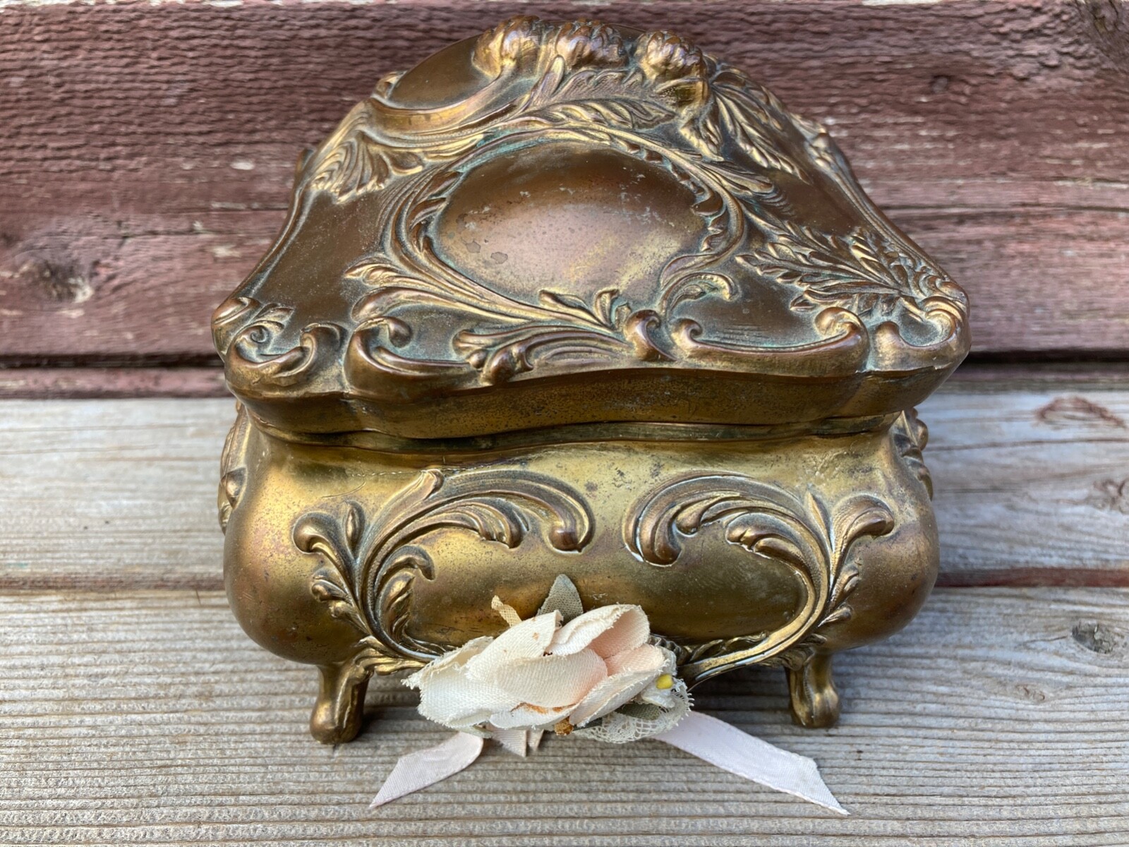 Large Antique Art Nouveau Metal Flower Ornate Jewelry Casket Box w ...