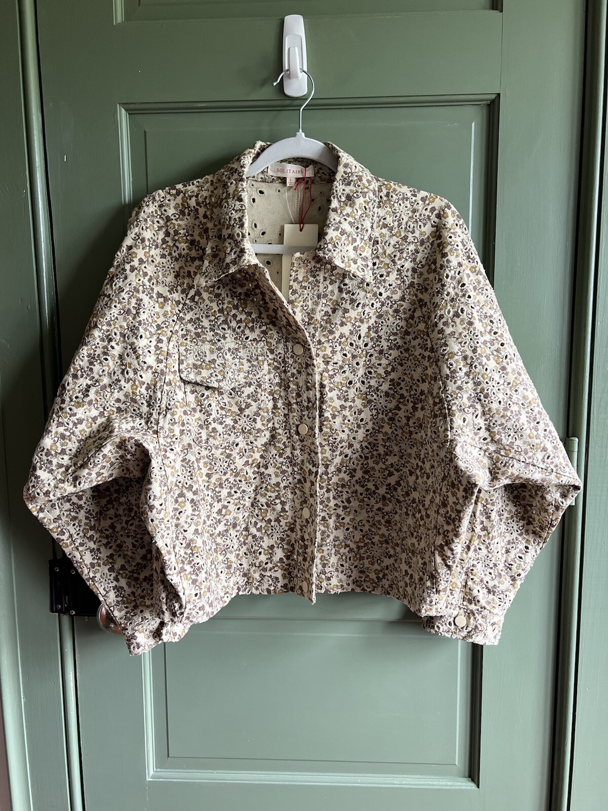 Anthropologie Cottage Core Dolman Jacket Floral Cotton Khaki Eyelet ...