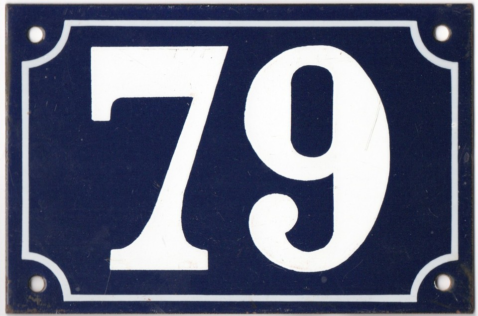 Old blue French house number 79 door gate wall fence street sign plate ...