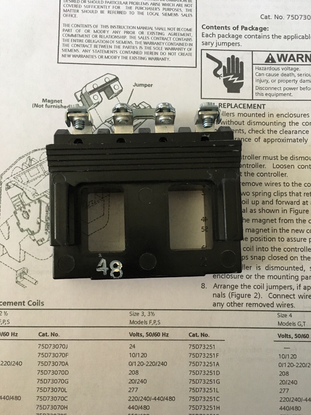 75D73070A Siemens multi-tap starter coil, size 00 - 2 1/2 110 - 240VAC ...