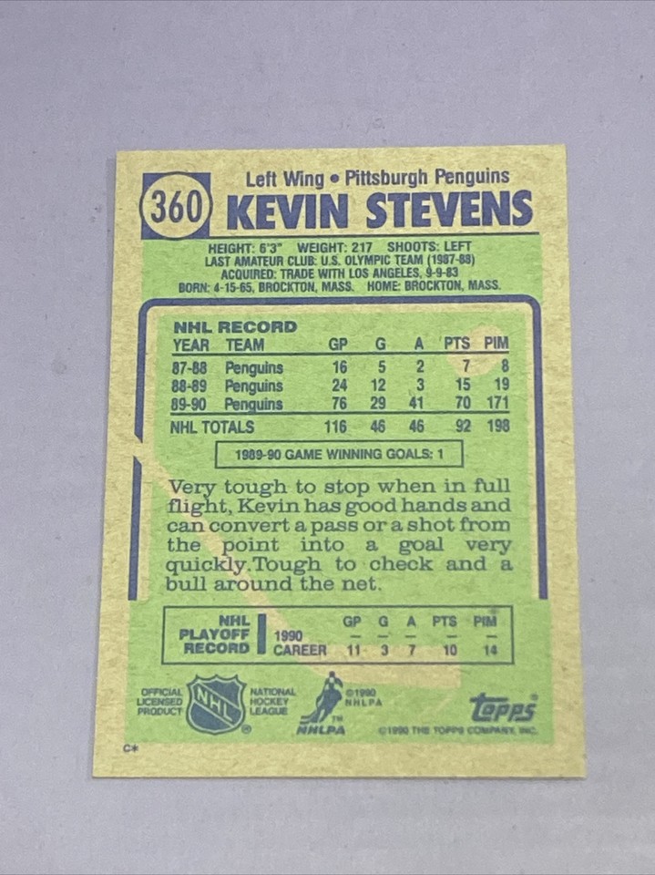 Vtg 1990-91 Topps #360 KEVIN STEVENS RC Penguins Rangers LW NHL Hockey ...