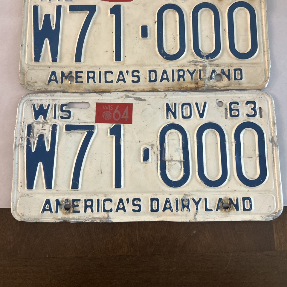 1963 Wisconsin License Plate Pair🔥 W71 000 VTG Antique W/1964 Tags | eBay