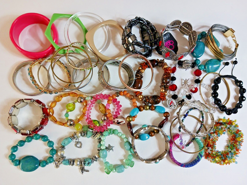 Bracelets. Large lot. plastic, metal, stones, crystal. Bangle + stretch ...