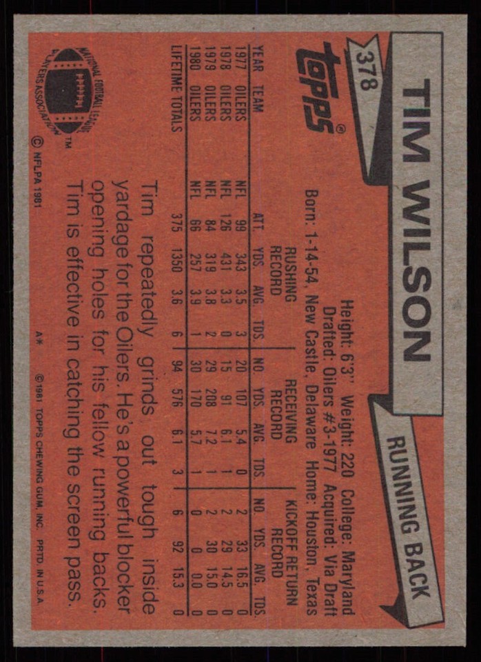 1981 Topps Tim Wilson Houston Oilers #378 | eBay