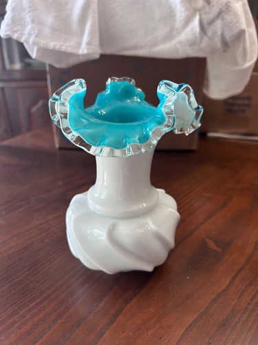 Fenton Jamestown Blue silver crest milk glass overlay Vase Ruffled Edge ...