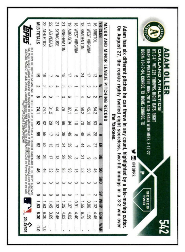 Adam Oller 2023 Topps Gold Star Parallel #542 MLB Athletics ID:78367 | eBay