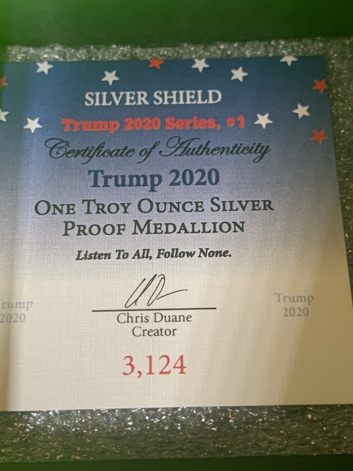 2020 Trump Mid Finger Silver Shield Proof 1 oz .999 Silver W/COA ...