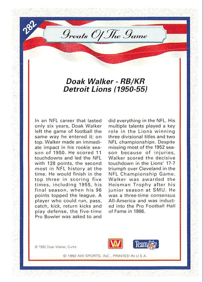 1992 All World #282 Doak Walker Detroit Lions | eBay