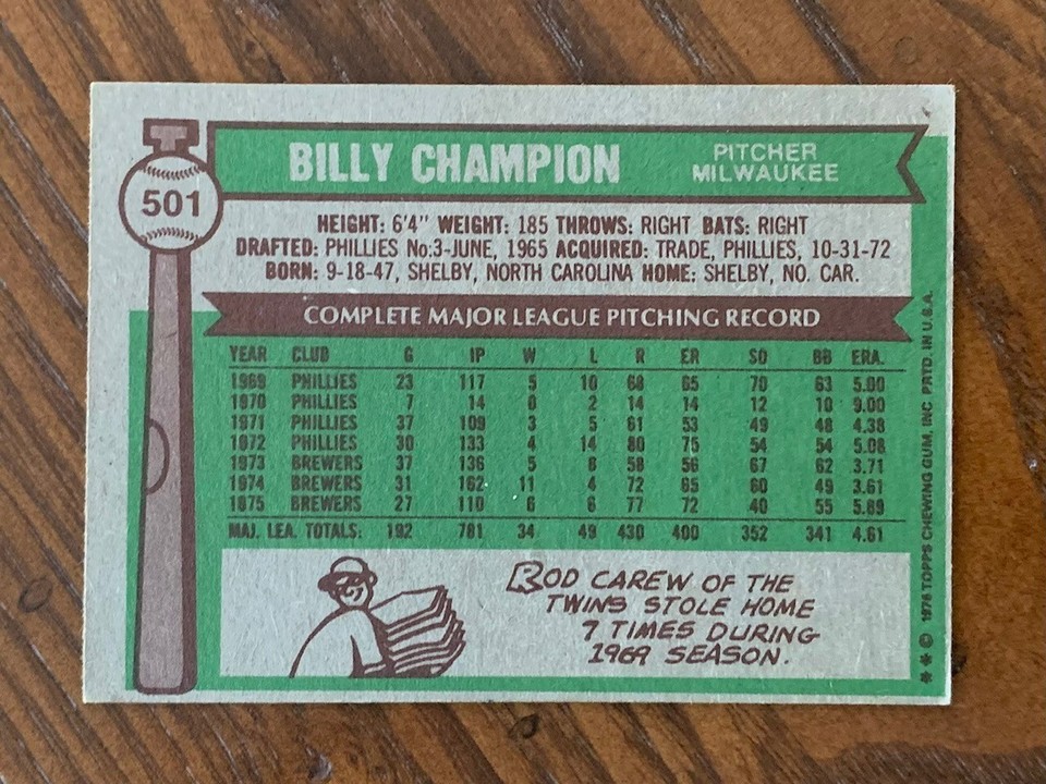 BILLY CHAMPION 1976 Topps Baseball Card #501 – MILWAUKEE BREWERS | eBay