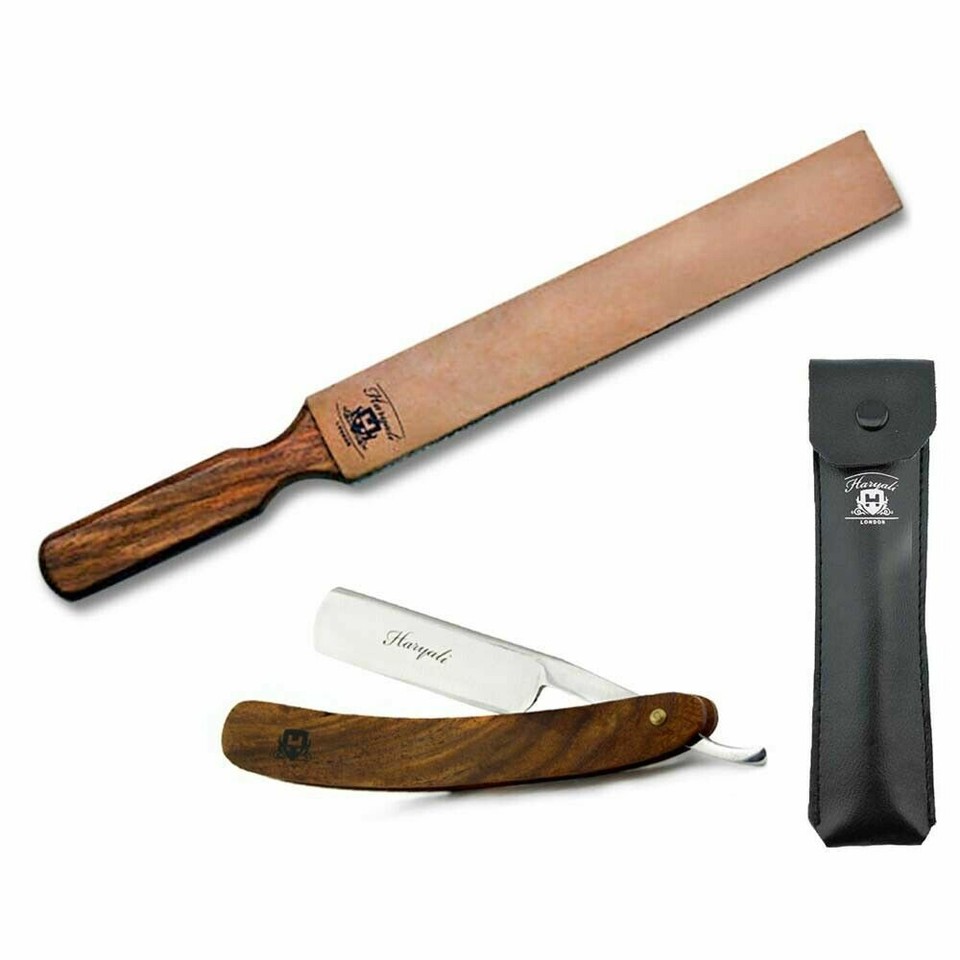 Haryali Wood Handle Razor Sharpen Leather Strop & Case Barber Salon ...
