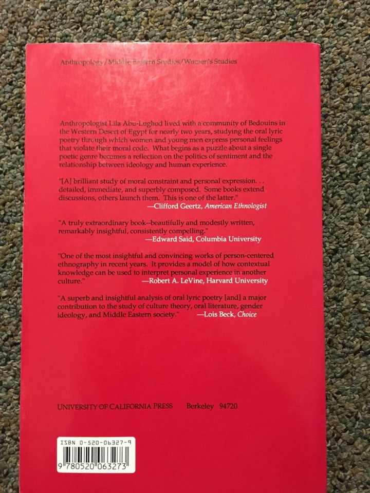 Veiled Sentiments: Honor and Poetry In A Bedouin Society (Lila Abu ...