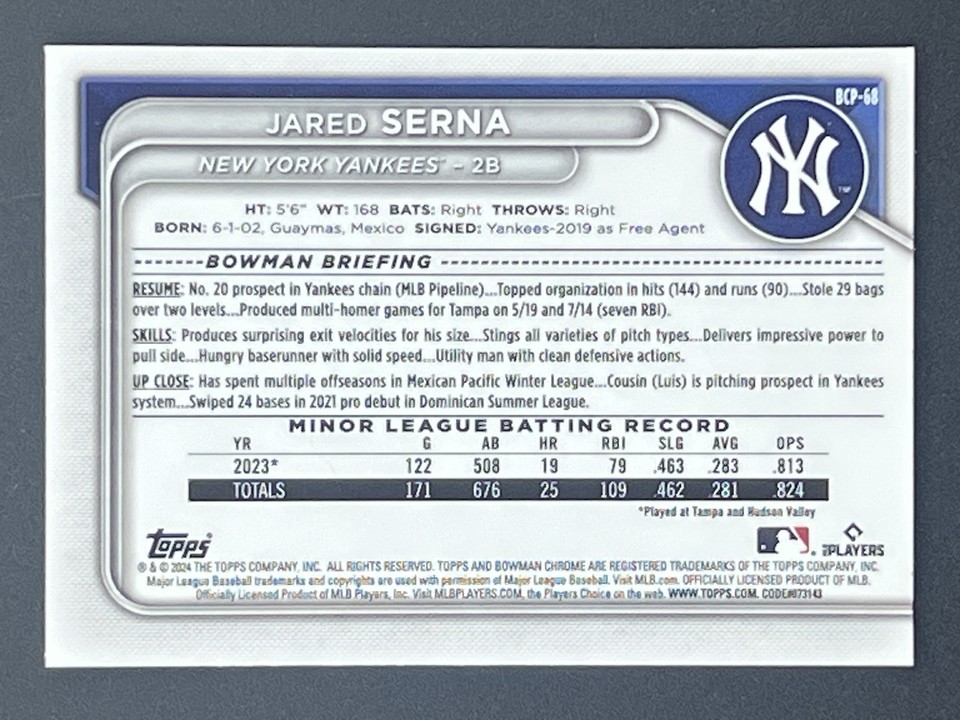 JARED SERNA 2024 Bowman 1st Bowman Chrome #BCP-68 New York Yankees | eBay