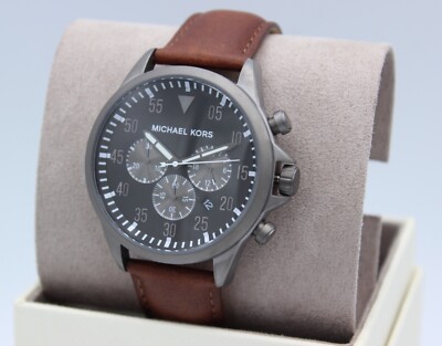 NEW AUTHENTIC MICHAEL KORS GAGE GREY BROWN LEATHER CHRONOGRAPH MENS ...