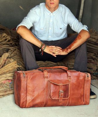 25"Men's Vintage Brown Genuine Leather Goat hide Travel Duffle Luggage ...