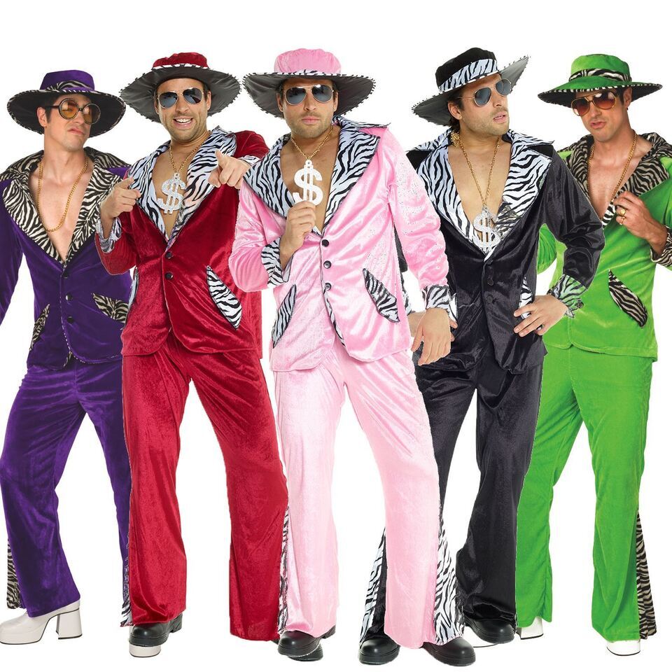 Mens Pink Pimp Costume + Hat 1970s Big Daddy Velvet Suit Halloween | eBay