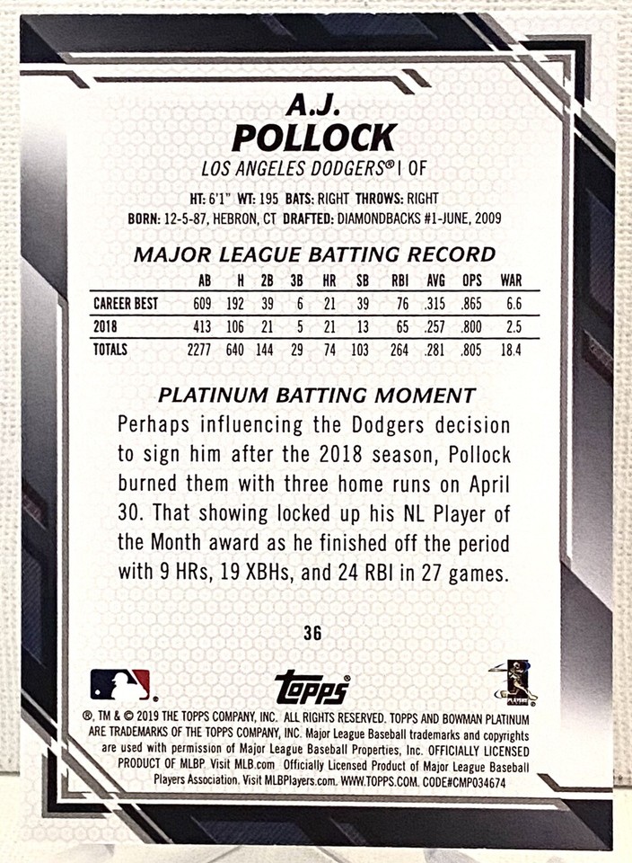 2019 Bowman Platinum Baseball #36 A.J. Pollock Los Angeles Dodgers | eBay