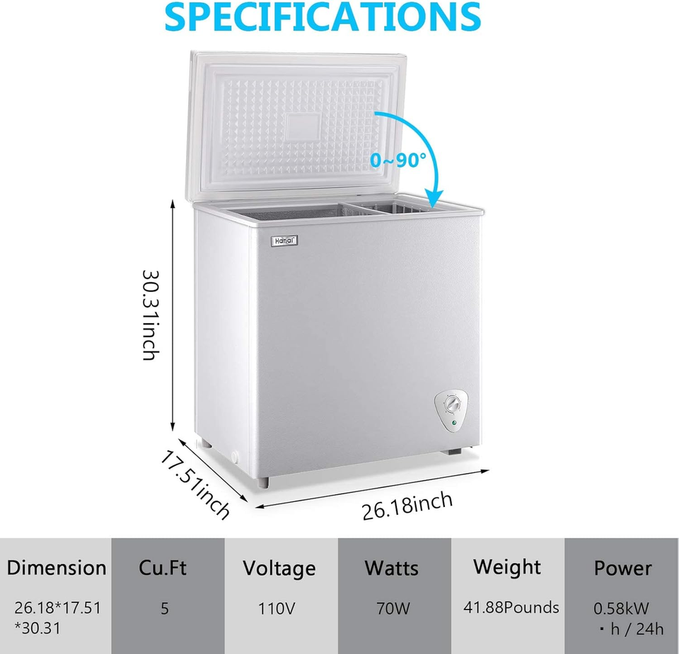 5.0 Cubic Feet Deep Chest Freezer Compact Freezers with Adjustable ...