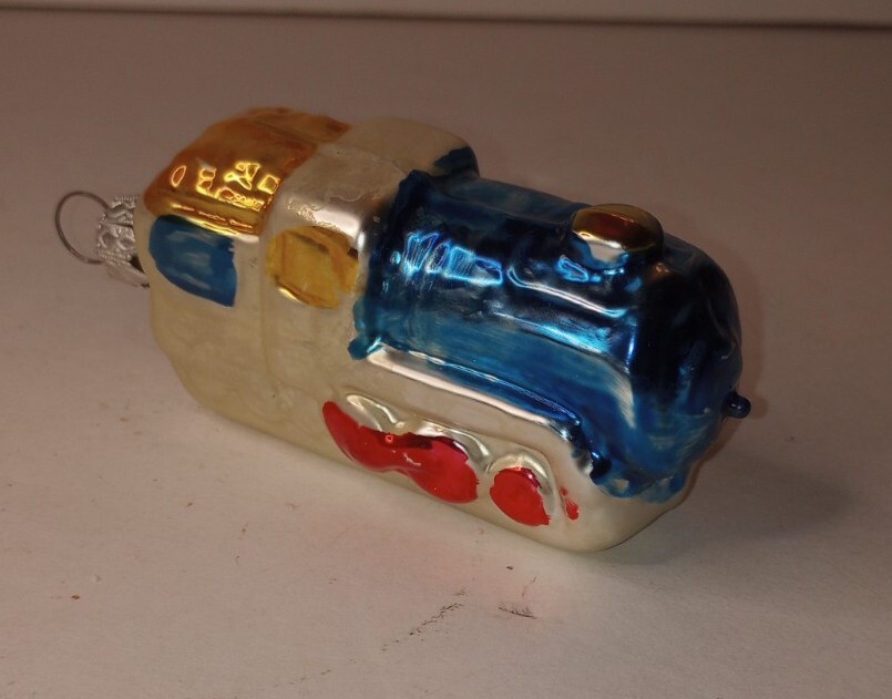 Blown Glass Train Ornament West Germany Vintage 3" White Blue Red ...