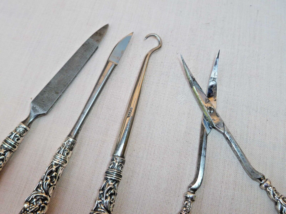 ANTIQUE BOXED REPOUSSE SILVER MANICURE SET TOOLS – BUTTON HOOK ...