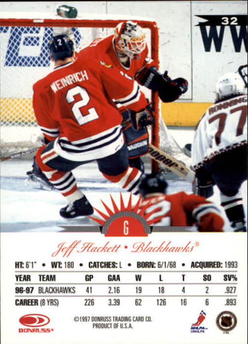 1997-98 Leaf Chicago Blackhawks Hockey Card #32 Jeff Hackett | eBay